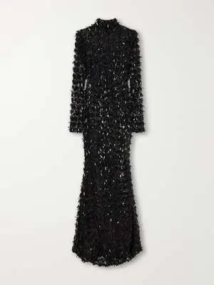 TALLER MARMO Dragon Lady Fringed Sequined Tulle Turtleneck Gown - Black