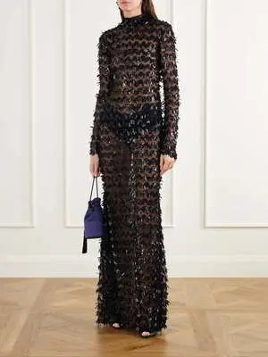 TALLER MARMO Dragon Lady Fringed Sequined Tulle Turtleneck Gown