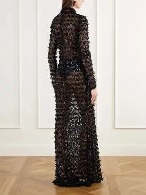 TALLER MARMO Dragon Lady Fringed Sequined Tulle Turtleneck Gown