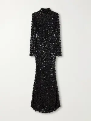 TALLER MARMO Dragon Lady Fringed Sequined Tulle Turtleneck Gown - Black