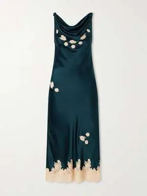 DÔEN Mathilde Lace-trimmed Silk Satin Midi Dress - Emerald