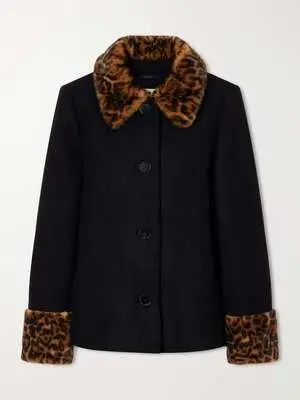 Rixo Aldith Leopard Plush-trimmed Melton Wool-blend Jacket