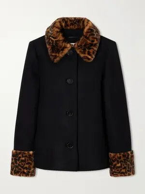 Rixo Aldith Leopard Plush-trimmed Melton Wool-blend Jacket