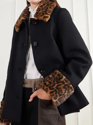 Rixo Aldith Leopard Plush-trimmed Melton Wool-blend Jacket