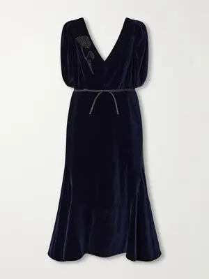 Erdem Bead-embellished Satin-trimmed Cotton-velvet Midi Dress - Blue