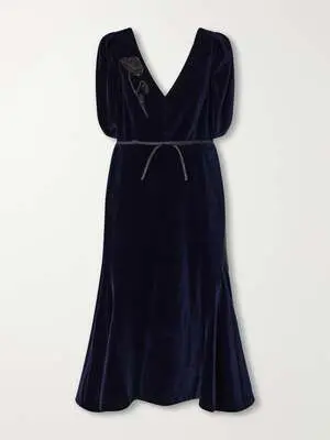 Erdem Bead-embellished Satin-trimmed Cotton-velvet Midi Dress - Navy