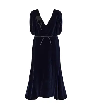 Erdem Bead-embellished Satin-trimmed Cotton-velvet Midi Dress - Navy