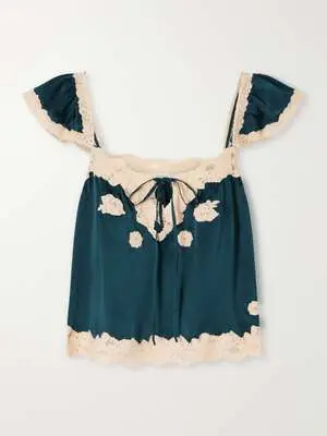 DÔEN Rosalee Lace-trim Silk Satin Top - Emerald