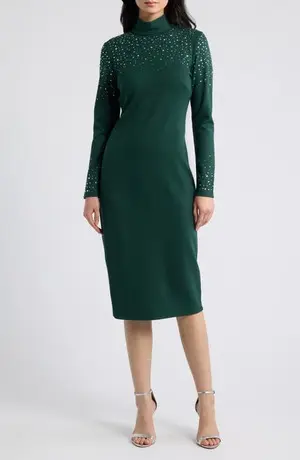 Anne Klein Rhinestone Embellished Mock Neck Sheath Dress Pine Forest
