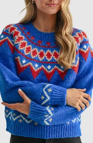 ALL IN FAVOR Fair Isle Crewneck Sweater - Blue Multi