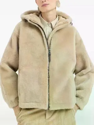 Brunello Cucinelli Shearling Hooded Outerwear Jacket With Shiny Zipper Pull