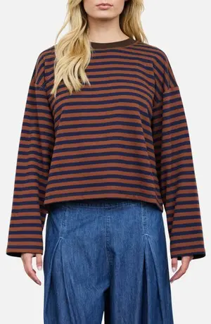 J.O.A. Striped Long Sleeve Knit Top - Rust Multi
