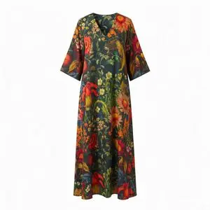 JANARA JONES Floral Garden Print V -neck Twill Satin Kaftan - Black