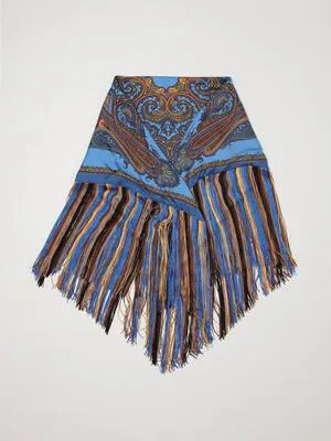 Etro Ethnic Print Silk Twill Triangular Scarf With Fringes
