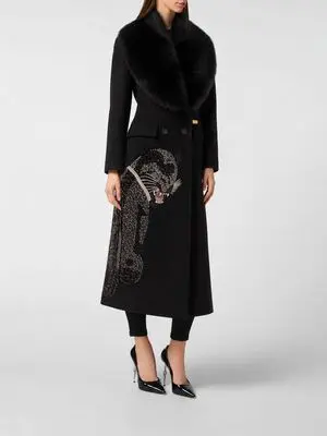 Philipp Plein Double-breasted Long Coat In Wool And Cashmere With Fur Collar