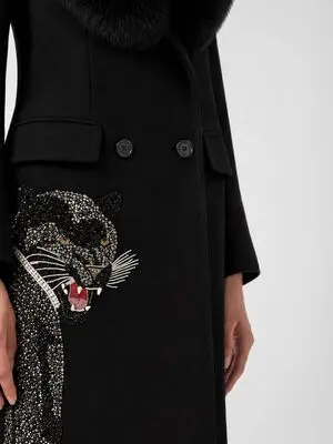Philipp Plein Double-breasted Long Coat In Wool And Cashmere With Fur Collar