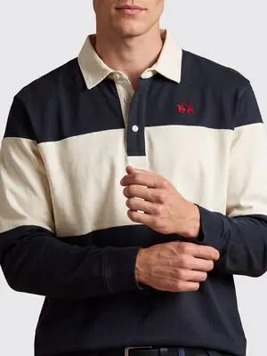 LA MARTINA Long-sleeved Cotton Polo Shirt With Bicolour Abstract Print - Navy