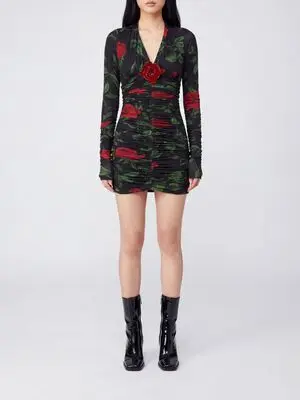 Blumarine Draped Sheath Mini Dress With Floral Pattern And V-neck - Black