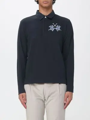 LA MARTINA Contrasting Logo Long-sleeved Cotton Polo Shirt - Blue