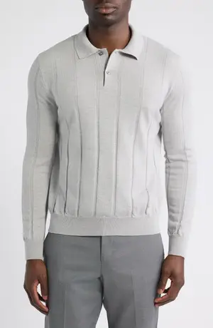 Canali Regular Fit Long Sleeve Wool Polo - Light Grey