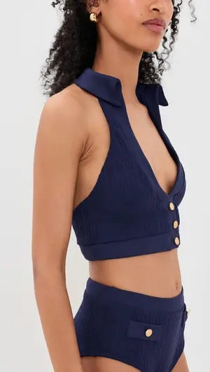 L'AGENCE Halter Swim Top With Gold Branded Buttons