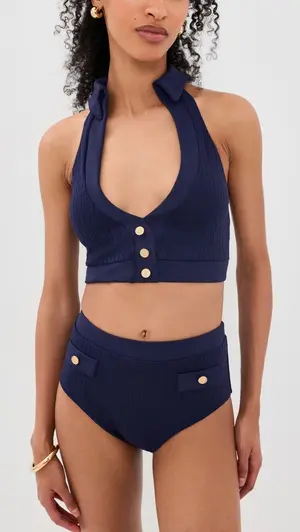 L'AGENCE Halter Swim Top With Gold Branded Buttons