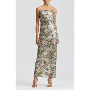Avec Les Filles Sequin Tie Waist Column Maxi Dress - Blue Multi