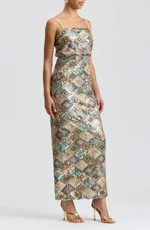 Avec Les Filles Sequin Tie Waist Column Maxi Dress