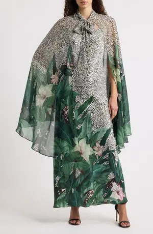 Kobi Halperin Youngeun Mock Neck Capelet Maxi Dress - Black Multi