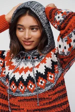 PILCRO Fair Cotton Wool Blend Fair Isle Hooded Sweater