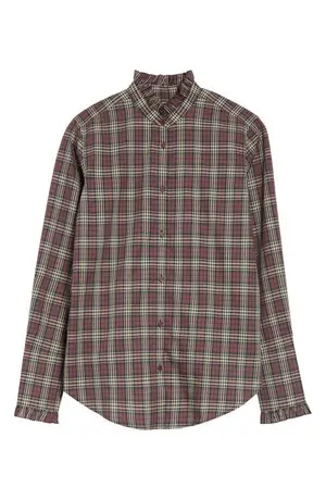 NILI LOTAN Elio Plaid Ruffle Band Collar Button-up Shirt