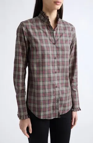 NILI LOTAN Elio Plaid Ruffle Band Collar Button-up Shirt - Rustic Check