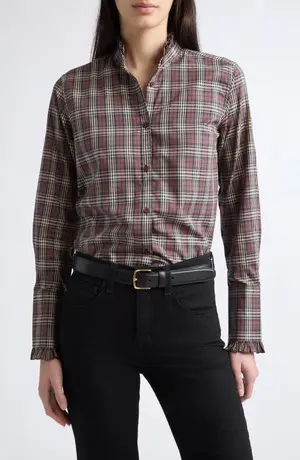 NILI LOTAN Elio Plaid Ruffle Band Collar Button-up Shirt - Rustic Check