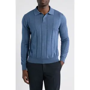 Canali Regular Fit Long Sleeve Wool Polo - Blue
