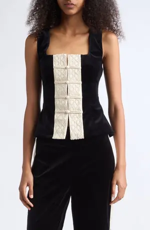 Posse Florian Velvet Embroidered Trim Top - Black