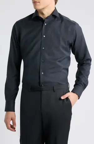 Eton Slim Fit Houndstooth Wool Dress Shirt - Navy