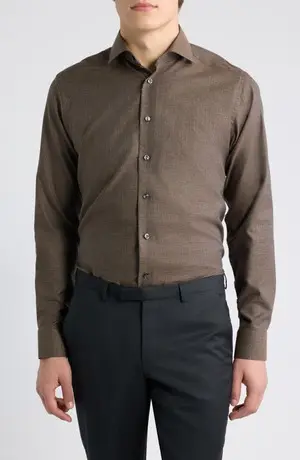 Eton Slim Fit Check Cotton Flannel Shirt - Medium Brown