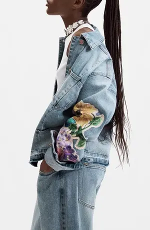 Desigual Floral Appliqué Denim Trucker Jacket