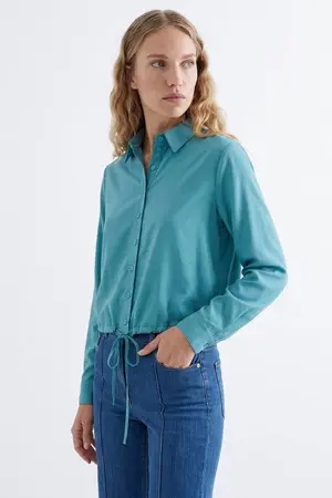 EXQUISE Long Sleeve Button Up Shirt With Elastic Waist - Blue