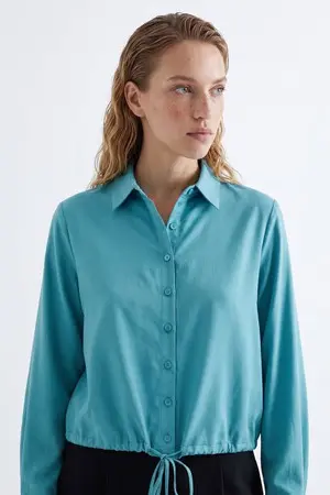 EXQUISE Long Sleeve Button Up Shirt With Elastic Waist - Blue