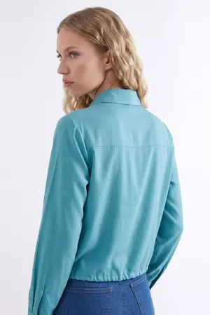 EXQUISE Long Sleeve Button Up Shirt With Elastic Waist - Blue