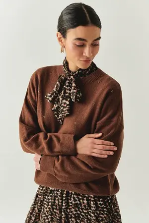 EXQUISE Emmeline Crew Neck Cotton Wool Blend Sweater - Brown
