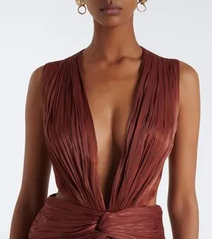 Costarellos Silla Cut-out Pleated Lurex® Georgette Gown - Brown