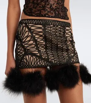 Attico Embroidered Feather-trimmed Mesh Miniskirt