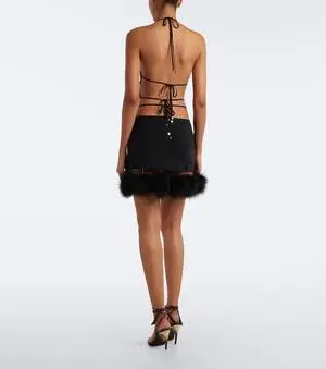 Attico Embroidered Feather-trimmed Mesh Miniskirt