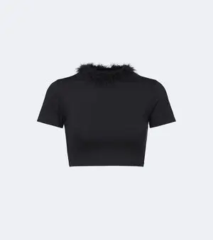 Gucci Feather-trimmed Jersey Crop Top - Black
