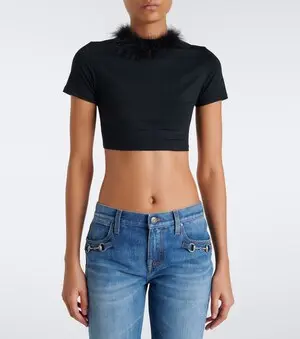 Gucci Feather-trimmed Jersey Crop Top
