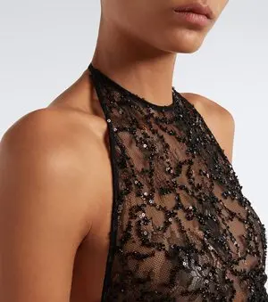 Attico Sequined Halterneck Lace Top