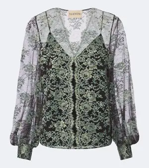 Valentino Garavani Layered Lace And Georgette Blouse Green