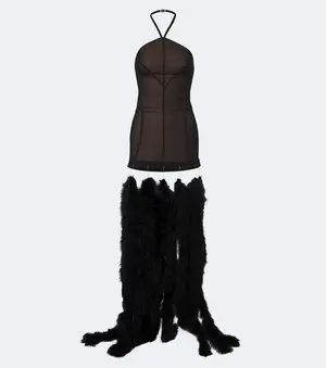 Attico Feather-trimmed Halterneck Maxi Dress - Black